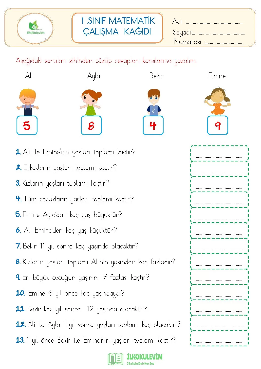 1. Sınıf Matematik Zihinden Toplama ve Çıkarma İşlemi Etkinliği 1 ...